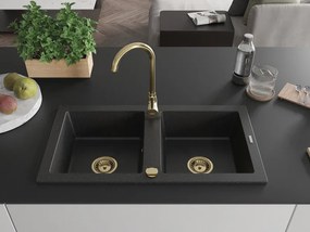 Mexen Mario, granitový dřez 820x436x161 mm, 2-komorový, černá-stříbrná metalíza se zlatým sifonem, 6504822000-73-G