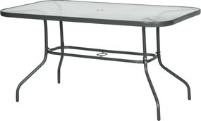 Outsunny Obdélníkový Zahradní Stůl s Zakřivenými Kovovými Okraji a Otvorem pro Slunečník, Temperované Sklo 70kg Kapacita 140x80x70 cm Tmavě Šedá