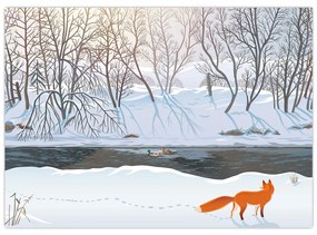 Skleněný obraz - Liška v zimní krajině (70x50 cm)