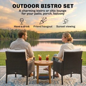 Outsunny 3dílná ratanová bistro sada – 2 křesla, dvoupatrový stolek z akácie, pratelná polstrování, krémově bílá