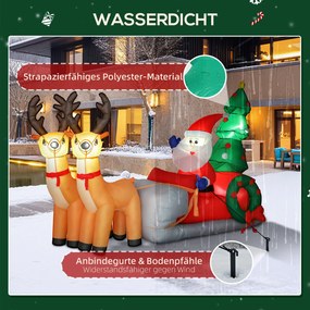 Outsunny Nafukovací vánoční dekorace, Santa Claus v sobím saních, polyesterová látka, LED světla, barevné