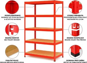 Regál 180x90x40 cm lakovaný 5-policový, nosnost 875 kg - červený