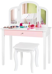 Dětský toaletní stolek 2 v 1 s trojitým skládacím zrcadlem a šuplíkem v bílé barvě