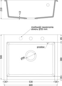 Mexen Elix granitový dřez 1-komorový 600 x 500 mm, bílý, sifon chrom - 6525601005-20