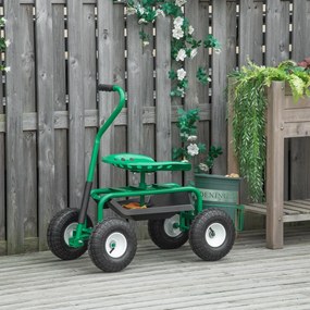 Zahradní vozík Outsunny, dílenský vozík, zahradní sedačka s otočným sedadlem, úložný koš, výškově nastavitelný, nosnost 150 kg, zelený, 81 x 44,5 x 4…