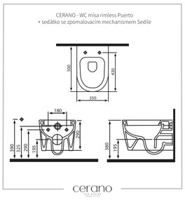 CERANO - Závěsná WC mísa Puerto, Rimless + sedátko Sedile, softclose - bílá lesklá - 35x50 cm