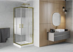 Mexen Rio, čtvercový sprchový kout s posuvnými dveřmi 70 (dveře) x 70 (dveře) x 190 cm, 5mm čiré sklo s pásky, zlatý profil + bílá sprchová vanička RIO, 860-070-070-50-20-4510