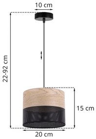 Závěsné svítidlo Wood, 1x béžová dubová dýha/černé plastové stínítko, (fi 20cm)