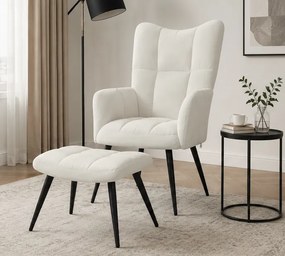 křeslo relaxační, s podnožkou, odpočinkové, ušák, kov/samet, 98x63x69 cm, černá/bílá, Dekorino KR20260021