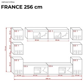 Ral Obývací stěna FRANCE 7, 256 cm - Černý lesk