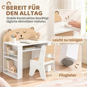AIYAPLAY dětský stůl se židlí 2dílná dětská sezení s knihovnou a úložným prostorem, design medvěd pro děti 3-8 let, bílé