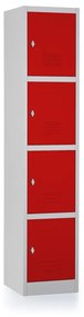 Kovová šatní skříňka - 4 boxy, 38 x 45 x 185 cm, otočný zámek, červená - ral 3000