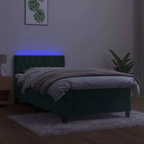Box spring postel s matrací a LED tmavě zelená 90x200 cm samet 3134564