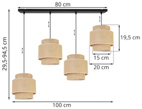 Závěsné svítidlo BOHO, 4x jutové stínítko, černá konstrukce