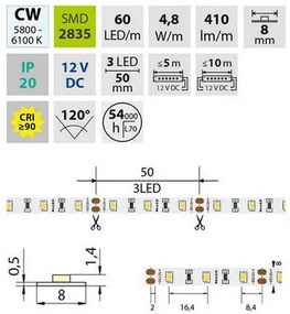 LED pásek McLED 12V studená bílá CRI90 š=8mm IP20 4,8W/m 60LED/m SMD2835 ML-121.829.60.2