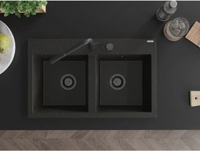 Mexen Hektor, 2-komorový granitový dřez 800x480x205 mm, černá-zlatá metalíza, grafitový sifon, 6521802000-75-B