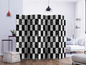 Pokojová zástěna Šachovnice II (5-dílný) - černobílý vzor s mramorovou strukturou
