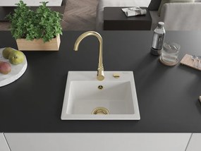 Mexen Milo, granitový dřez 435x410x171 mm, 1-komorový, bílá se zlatým sifonem, 6505441000-20-G
