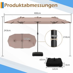 Costway Dvojitý slunečník se stojanem UPF 50+ – 400 × 200 cm, hnědý