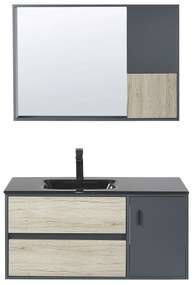 Sada koupelnového nábytku se zrcadlovou skříňkou 100 cm světlé dřevo / šedá TERUEL Beliani