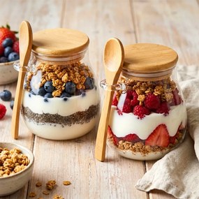 VILDE Sada 2ks sklenic na jogurt / dezert s bambusovým víčkem a lžicí, 2x440ml