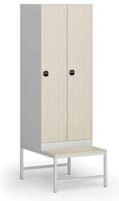 Šatní skříňka S1 s lavičkou, 2 oddíly, 1875 x 600 x 500/800 mm, RFID zámek, laminované dveře, bříza