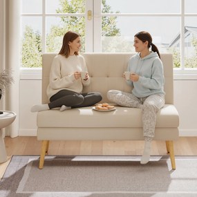 HOMCOM 2místná pohovka, čalouněné opěradlo s knoflíky, dřevěné nohy, silné čalounění, vzhled lnu, pro malé prostory, béžová