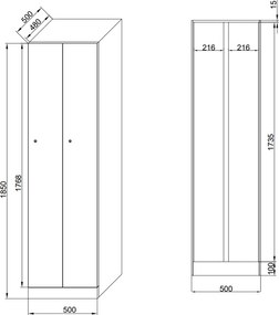 Zúžená kovová šatní skříňka S1, 2 oddíly, 1850 x 500 x 500 mm, RFID zámek, červené dveře