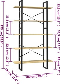 Knihovna s 5 policemi 100 x 30 x 175 cm borové dřevo 3082003