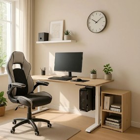 Výškově nastavitelný stůl OfficeTech A, 140 x 80 cm, bílá podnož, dub