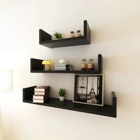 3 černé nástěnné plovoucí MDF police ve tvaru U na knihy a DVD 242175