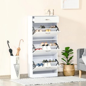 HOMCOM Skříň na boty - 3 skládací dveře a posuvná zásuvka - rozměry 62Š x 24H x 135V cm - hliníkové úchyty. Dřevotříska Bílá