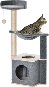 PawHut Kočičí Škrabací Strom 48x34x95 cm Kočičí Věž s Houpací Síťkou, Odnímatelnou Jeskyní, Visící Kuličkou a Sisalovými Sloupky Šedá | Aosom