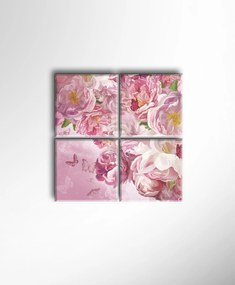 Malvis ® Obraz růžové květy s motýly ROZMĚR (šířka x výška): čtyřdílný čtverec 80x80 cm