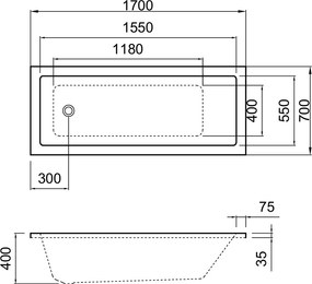 Erga Pureline-S, vana 1800x800x400 mm bez nožiček, bílá lesklá, ERG-V07-PURELINE-S-180x080-WH
