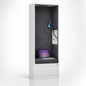 Kancelářská akustická kabina se sedátkem a USB-C portem, korpus bílý / sedák tmavě šedá, 600 mm: SALLY MentalBox