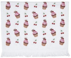 Bílý kuchyňský froté ručník s dortíčky Cherry Cupcake – 40x66 cm