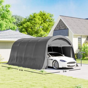 Outsunny přístřešek na auto 3 × 6 m – voděodolný úložný stan s odnímatelnými bočnicemi, velkými rolovacími dveřmi na zip, zakřivenou střechou, UPF50+…