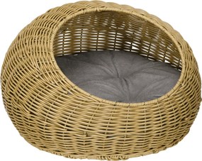PawHut ratanový košík pro kočky s polštářem pro kočky do 4 kg, vnitřní jeskyně pro kočky z PE ratanu, Ø50 x 31 cm, světle hnědý pro útulné útočiště |…