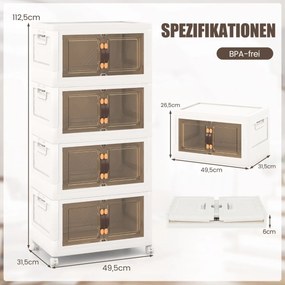 Costway Sada 4 stohovatelných úložných boxů s víkem a kolečky a dveřmi, bílý