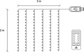 LED Nano světelný závěs - 2x2m, 200LED, 8 funkcí, ovladač, USB, IP44, studená bílá