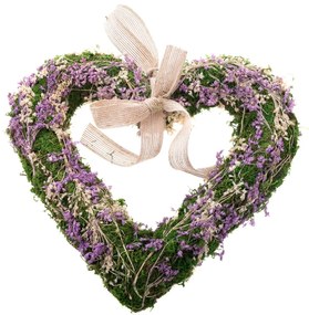 Závěsné mechové srdce se sušenými kvítky, fialová, 25 x 3,5 cm