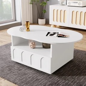Aosom Obývací stůl 100x60 cm ve tvaru mraku se zásuvkou a odkládacím prostorem Push-to-Open mechanismus Bílý
