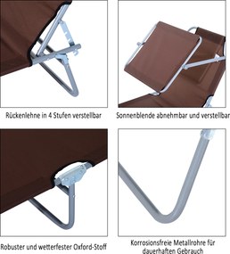 Zahradní lehátko Outsunny skládací s ochranou proti slunci hnědé 187x58x36 cm na terasu a balkon | Aosom.de