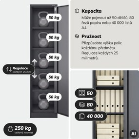 Skříň na spisy kartotéková na klíč antracitová, 450x1850x600 mm: ALEX D600