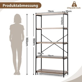 Costway Knihovna s 5 úrovněmi a kovovým rámem a průmyslovým designem stojící