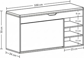 Botník hnědý se sedákem a výsuvnými policemi GRADIA, 100 x 34 x 50 cm