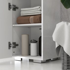 Kleankin sloupec pro úsporu místa do koupelny z MDF, koupelnová skříň s otevřenou policí, zásuvkou a uzavřenou skříňkou, 37x32,5x170 cm, leskle bílá
