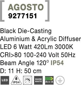 NV 9277151 Venkovní sloupkové svítidlo AGOSTO černý hliník a akrylový difuzor LED 6W 3000K 100-240V 120st. IP54 - NOVA LUCE