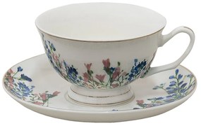Porcelánový šálek s podšálkem a květy Floweries - 12*10*6 cm / Ø 15*2 cm / 250 ml